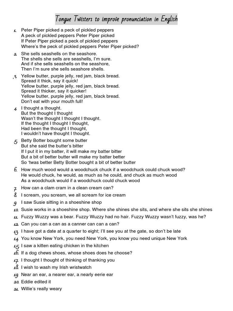 Tongue Twisters To Improve Pronunciation in English | PDF | Word Play ...