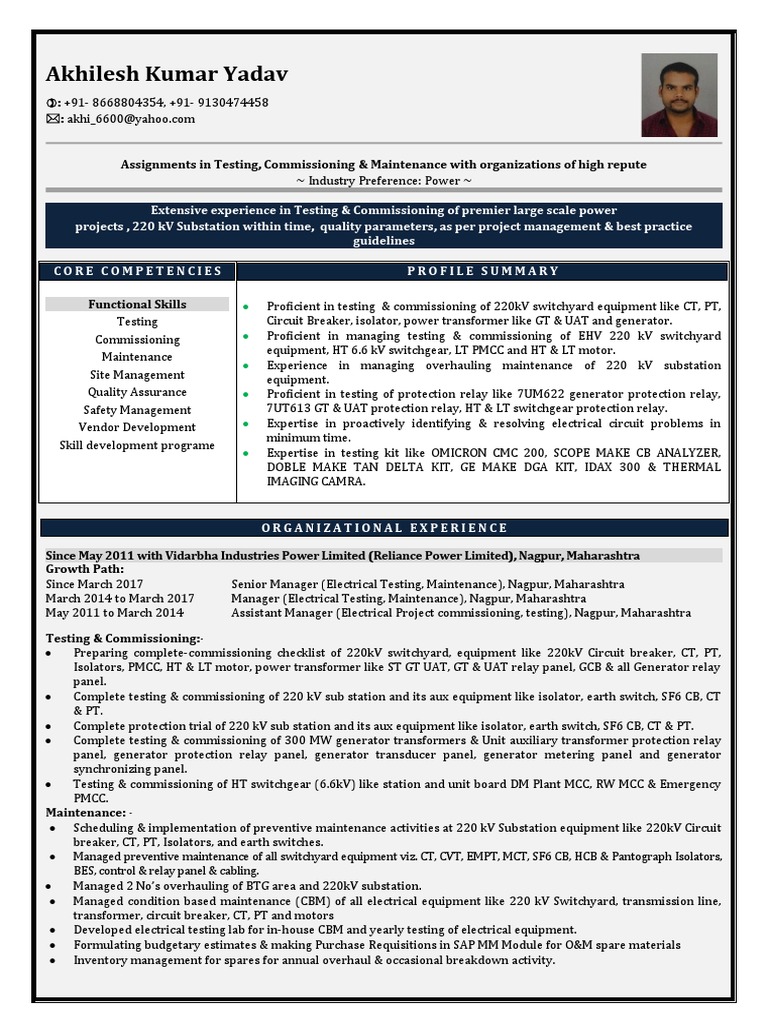 CV-Akhilesh Kumar Yadav | PDF | Electrical Substation | Power Engineering