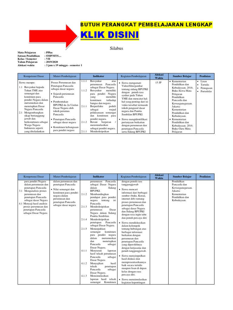 Silabus PPkn Kelas VII SMP/MTS | PDF