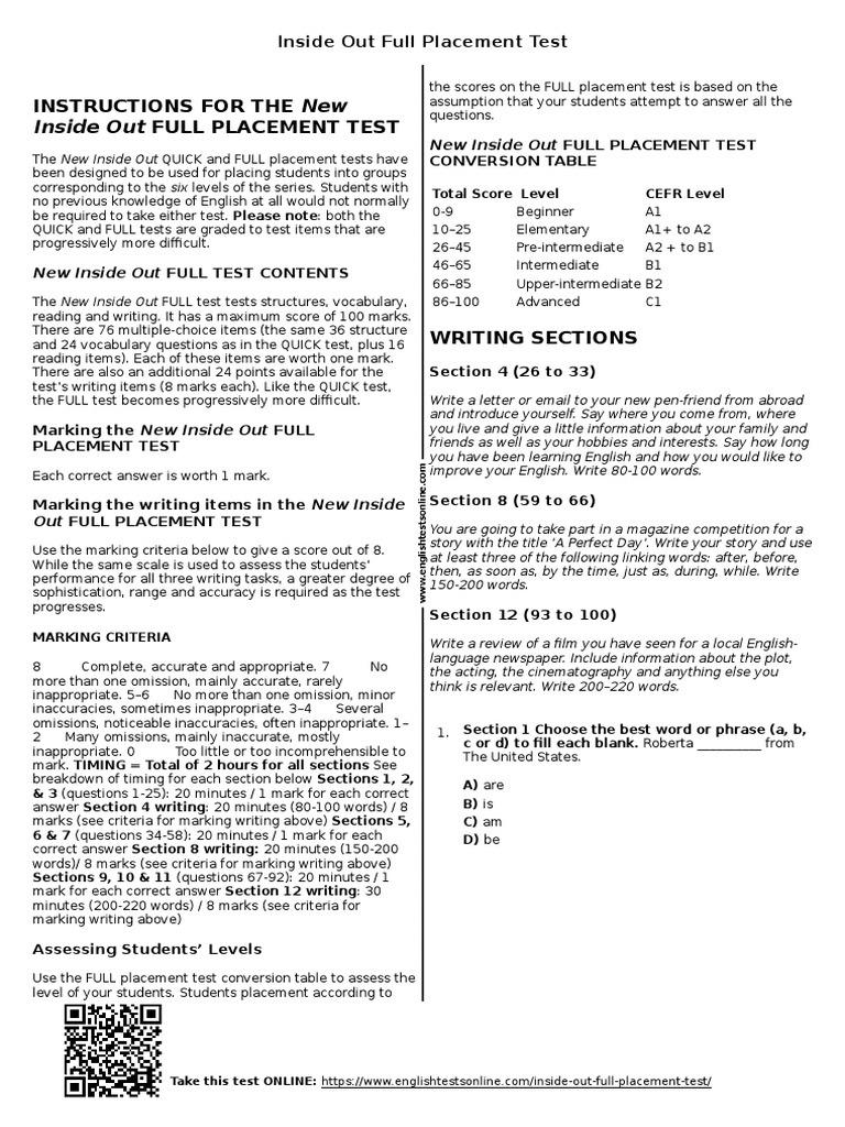 New Inside Out Full Placement Test Guide | PDF | Tourism | Ibm