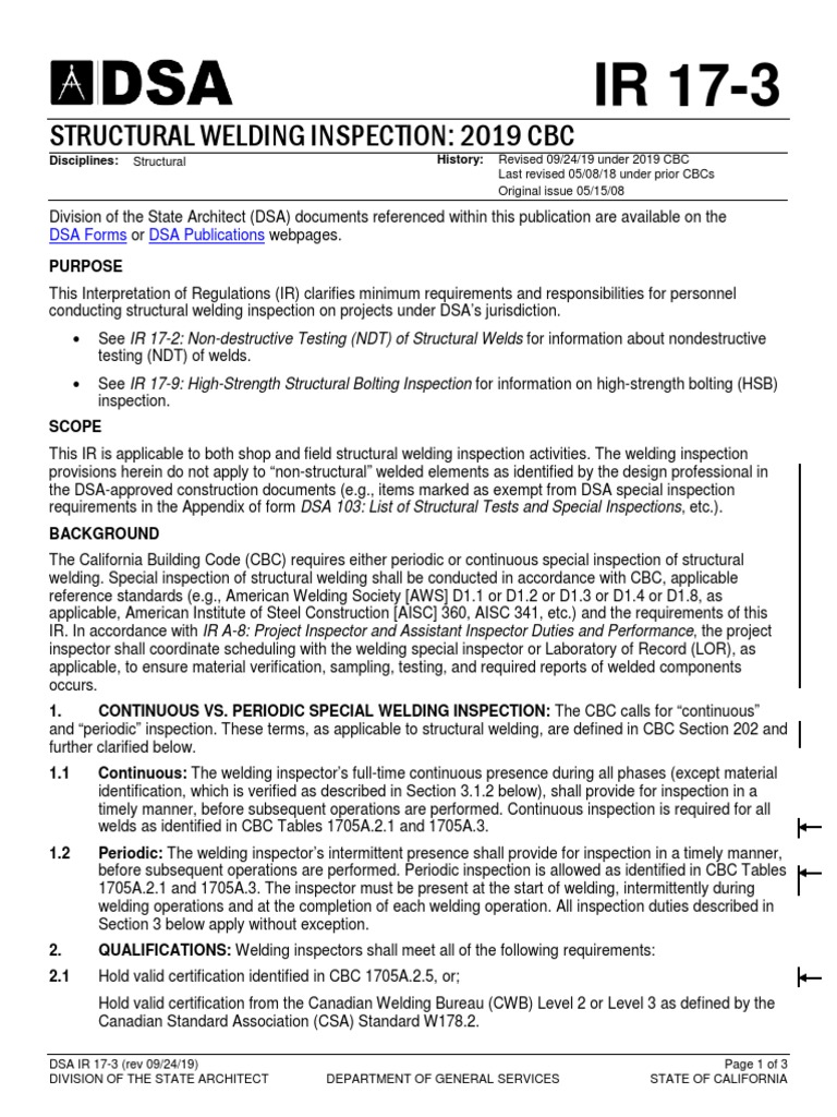 Structural Welding Inspection: 2019 CBC: DSA Forms DSA Publications ...