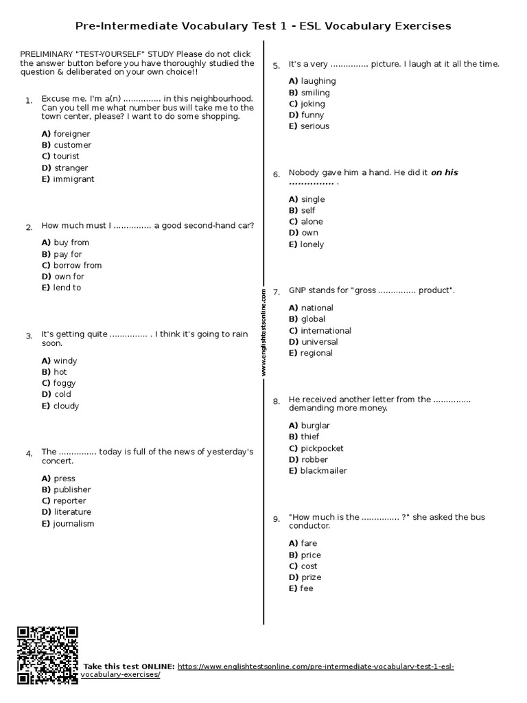 Pre-Intermediate ESL Vocabulary Test | PDF