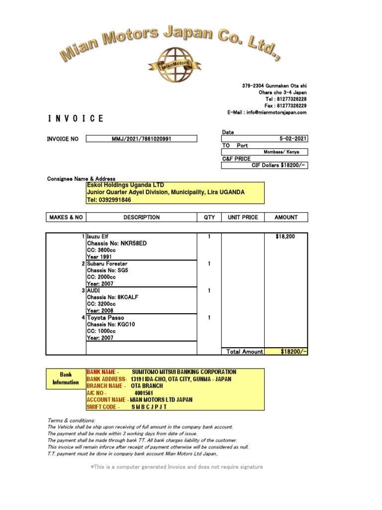 Used Vehicle Invoice: Mian Motors Japan | PDF | Automotive Industry ...