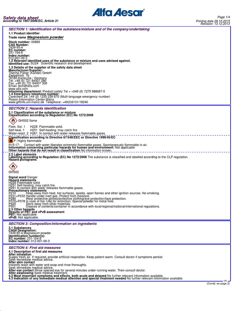 MSDS Magnesium Powder | PDF | Dangerous Goods | Toxicity