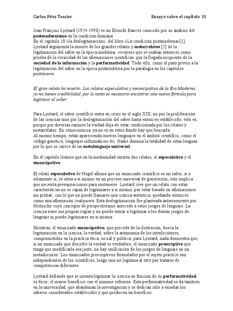 Ensayo Cap.10 de La Condición Postmoderna de Lyotard | PDF | Jean ...