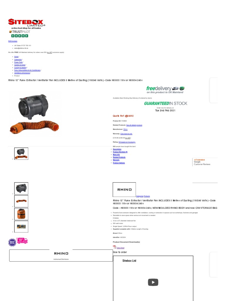 Rhino 12 - Fume Extractor - Ventilator Fan INCLUDES 5 Metres of Ducting ...