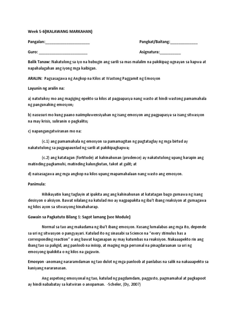 Week 5-6 February 1 2021 Pagsasagawa NG Angkop Na Kilos at Wastong Paggamit NG Emosyon | PDF