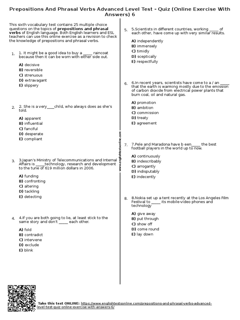 Prepositions & Phrasal Verbs Quiz 6 | PDF | Languages | Nature
