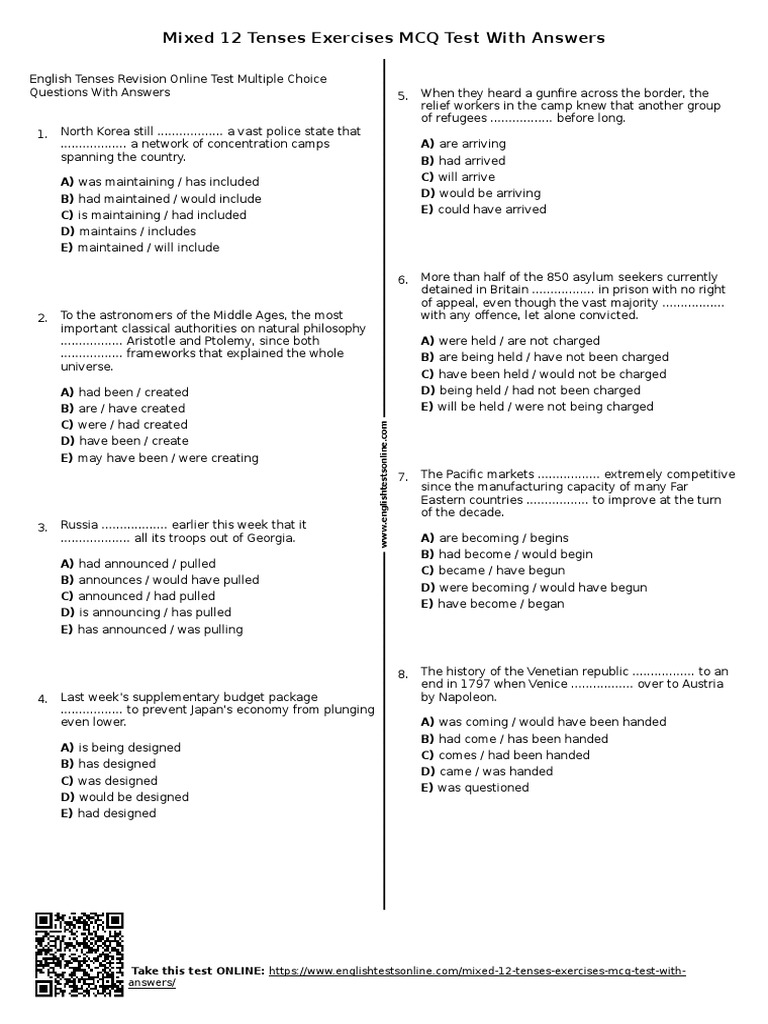548 Mixed 12 Tenses Exercises MCQ Test With Answers | PDF | Multiple Choice