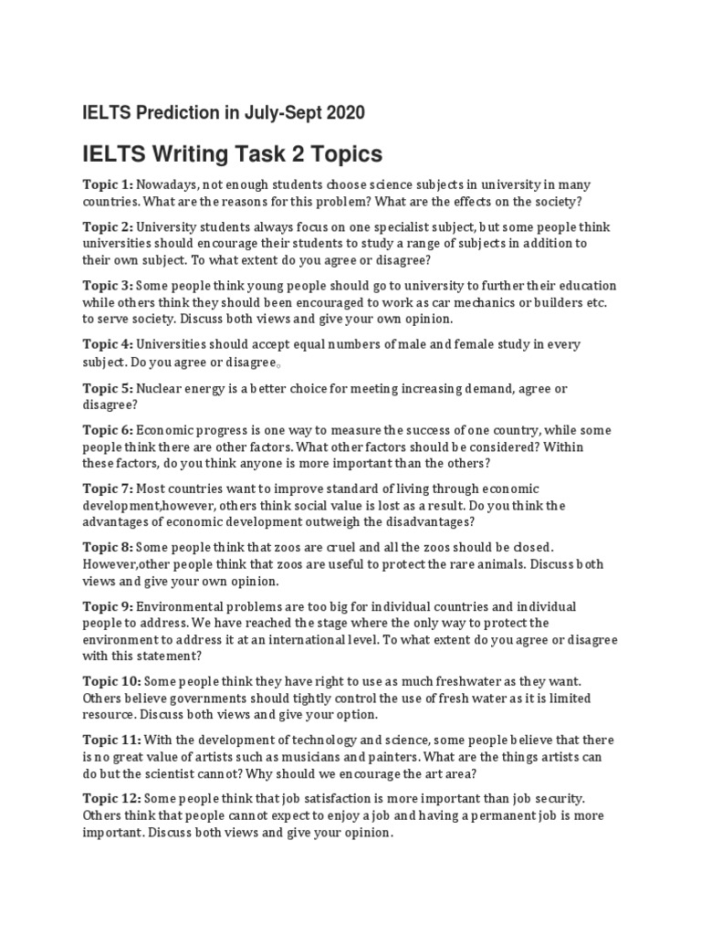 IELTS Writing Task 2 Topics: IELTS Prediction in July-Sept 2020 | PDF ...