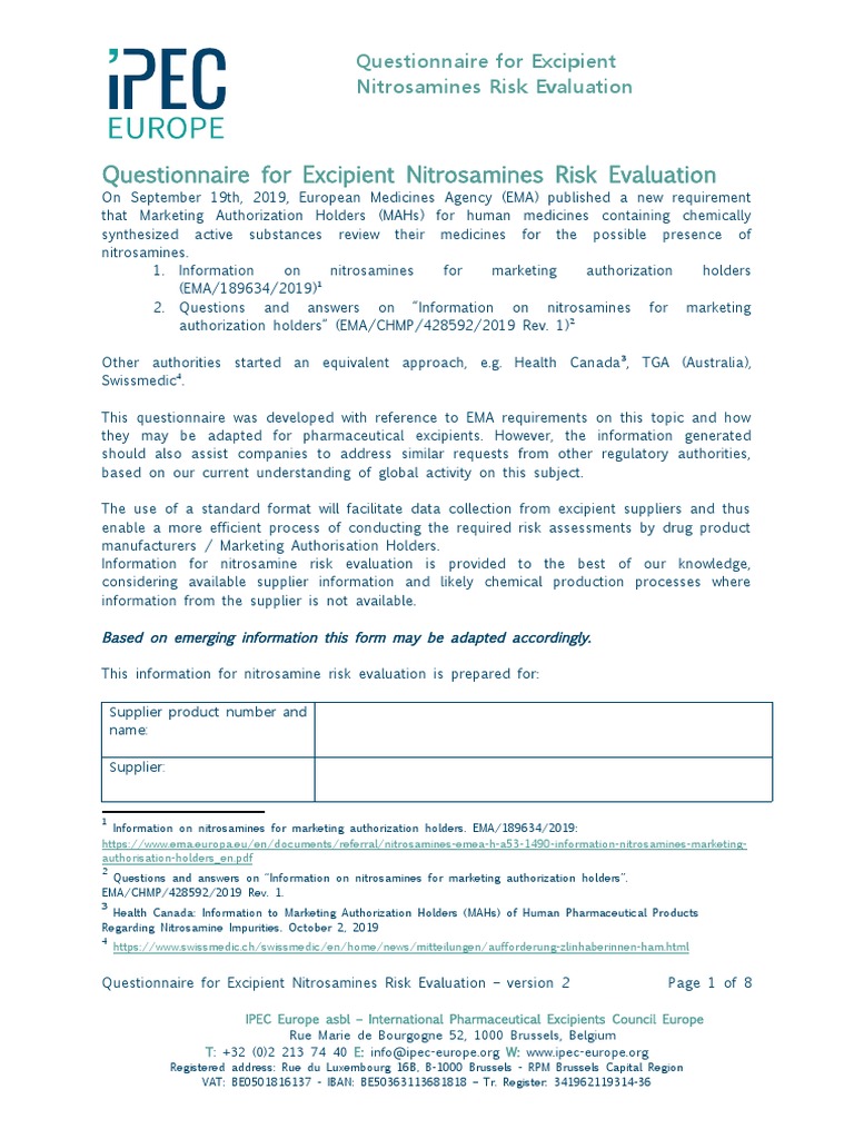 IPEC Europe Questionnaire For Excipient Nitrosamines Risk Evaluation ...