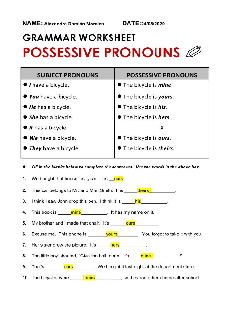 Possessive Pronouns: Grammar Worksheet | PDF