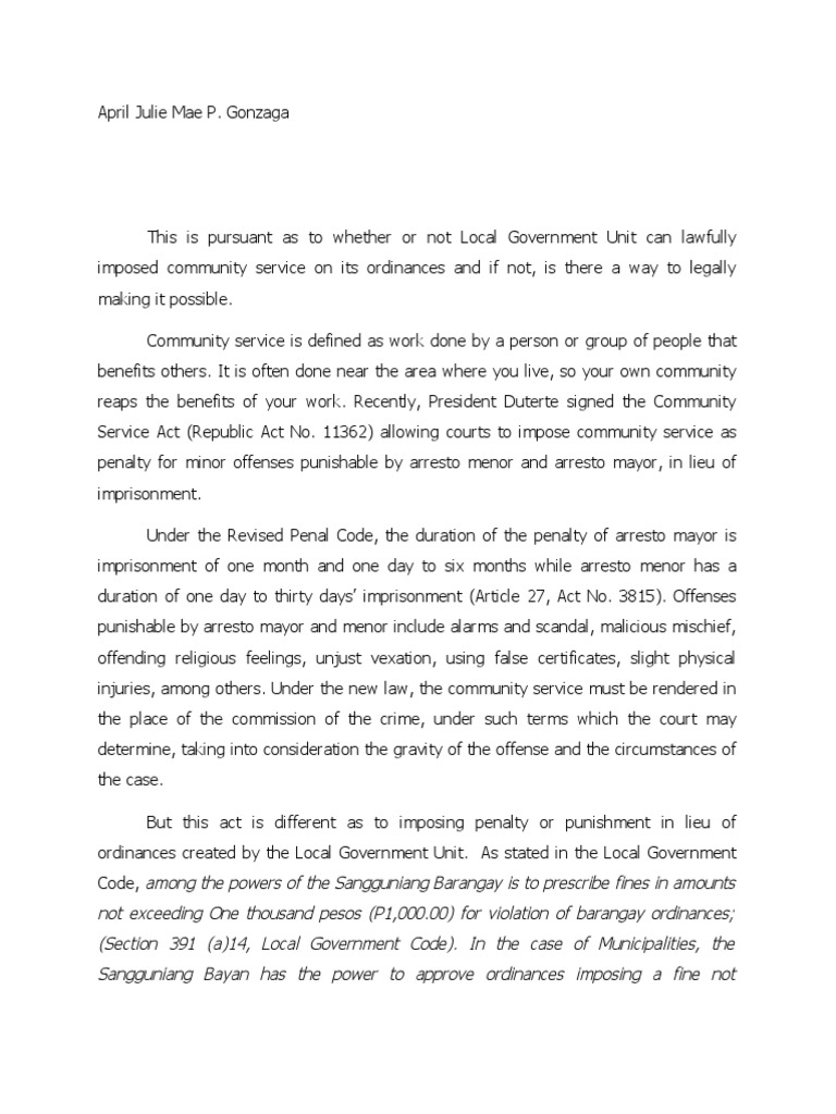 Community Service | PDF | Local Ordinance | Fine (Penalty)