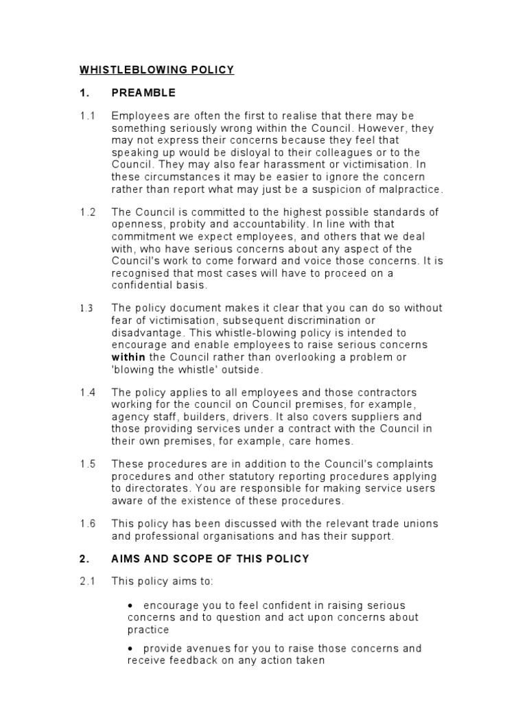 Whistleblowing Policy 1. Preamble | PDF | Whistleblower | Justice