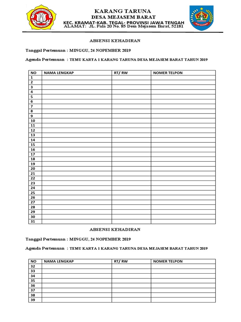 Absensi Karang Taruna 2019 | PDF