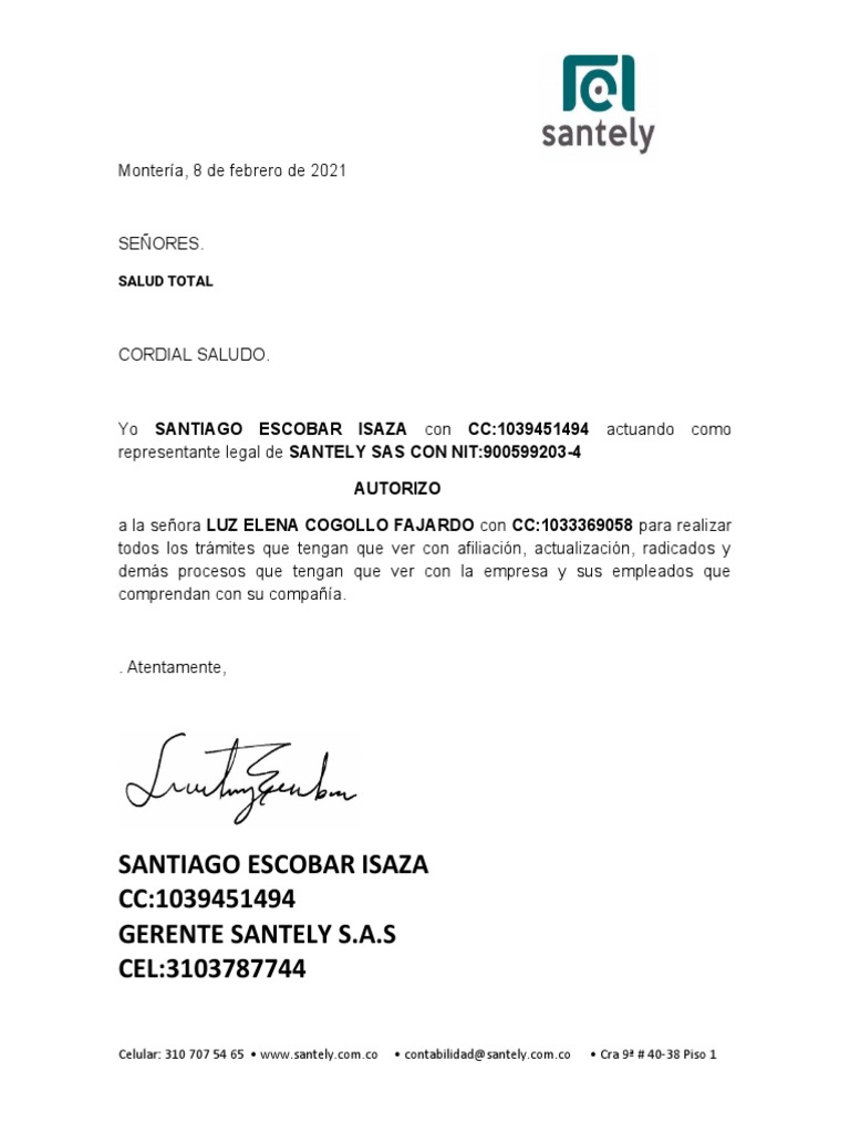 Carta de Autorización Salud Total | PDF