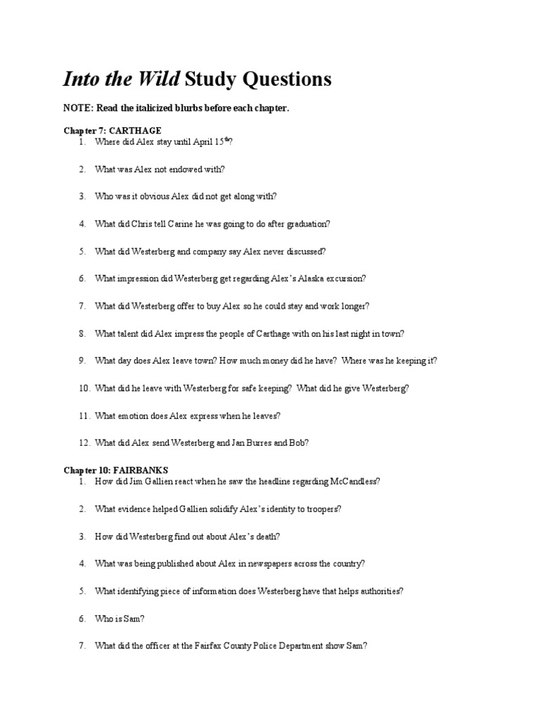 Into The Wild Study Questions: Chapter 7: CARTHAGE | PDF