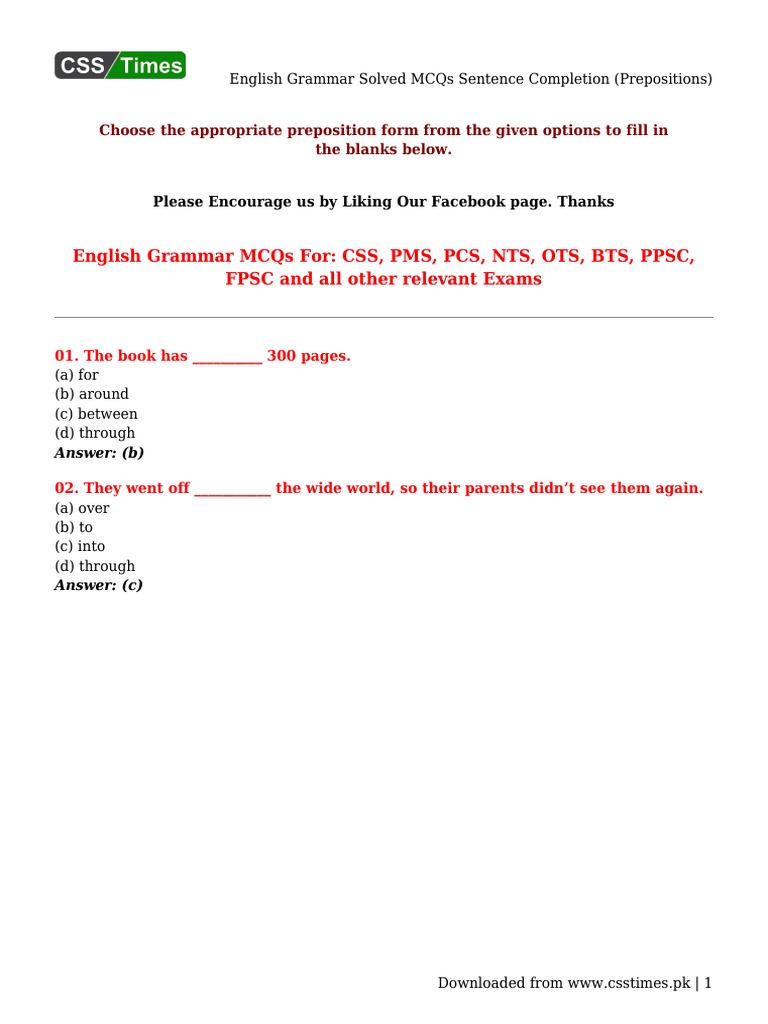 English Grammar Solved MCQs Sentence Completion (Prepositions) | PDF | Grammar | Language Mechanics
