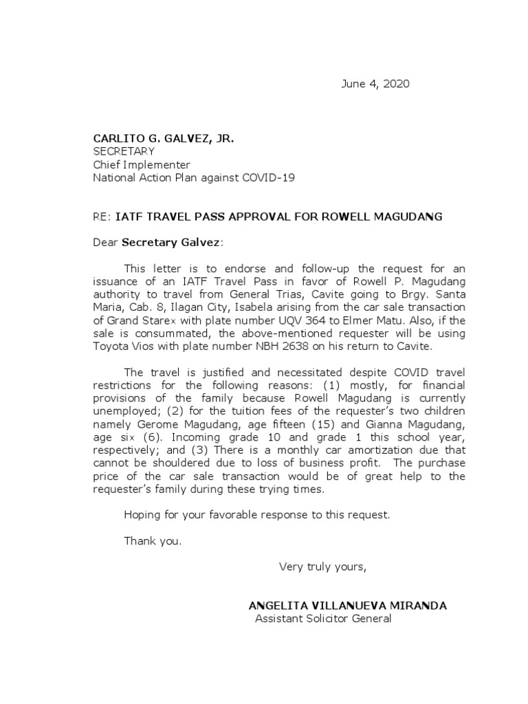Travel Pass Request for Rowell Magudang | PDF