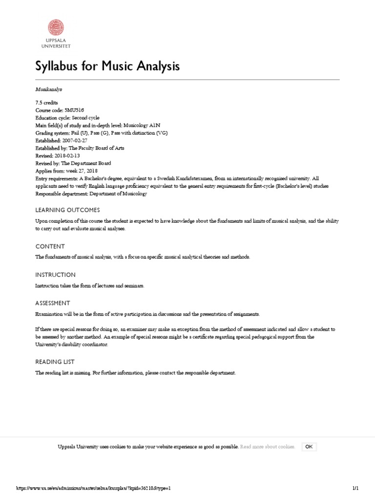 Syllabus For Music Analysis - Uppsala University, Sweden | PDF