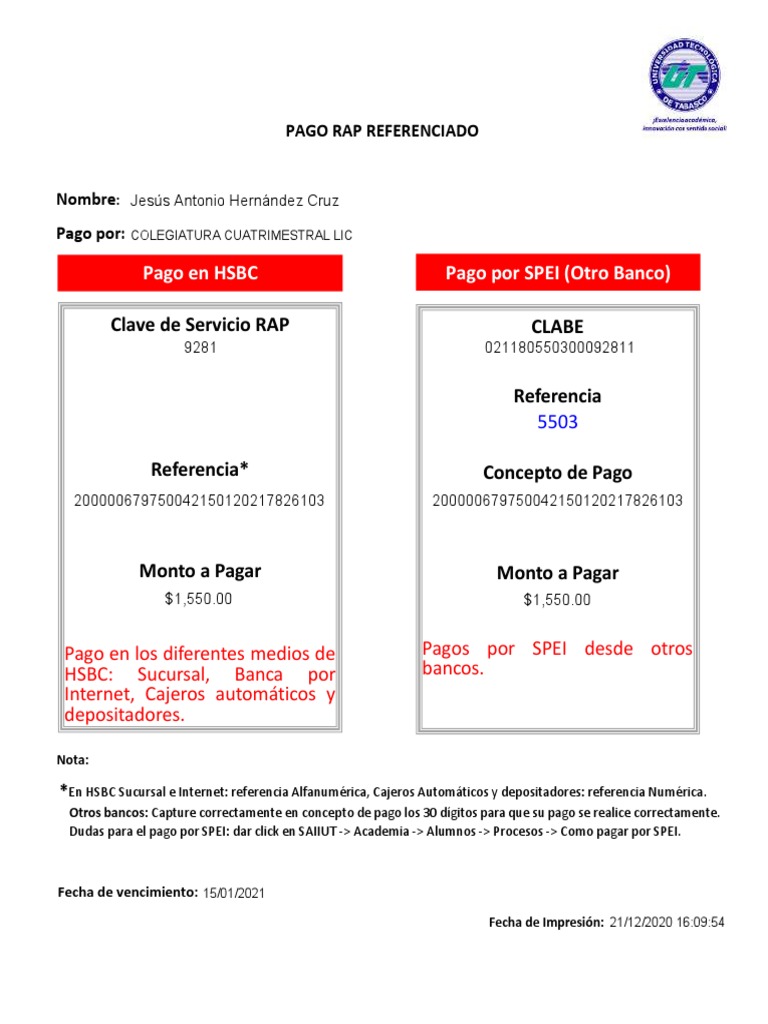 Pago en HSBC Pago Por SPEI (Otro Banco) : Clave de Servicio RAP Clabe | PDF | Bancos | Bancario