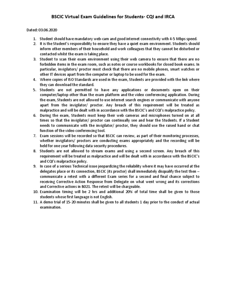 BSCIC Virtual Exam Guidelines For Students-CQI and IRCA | PDF | Test ...