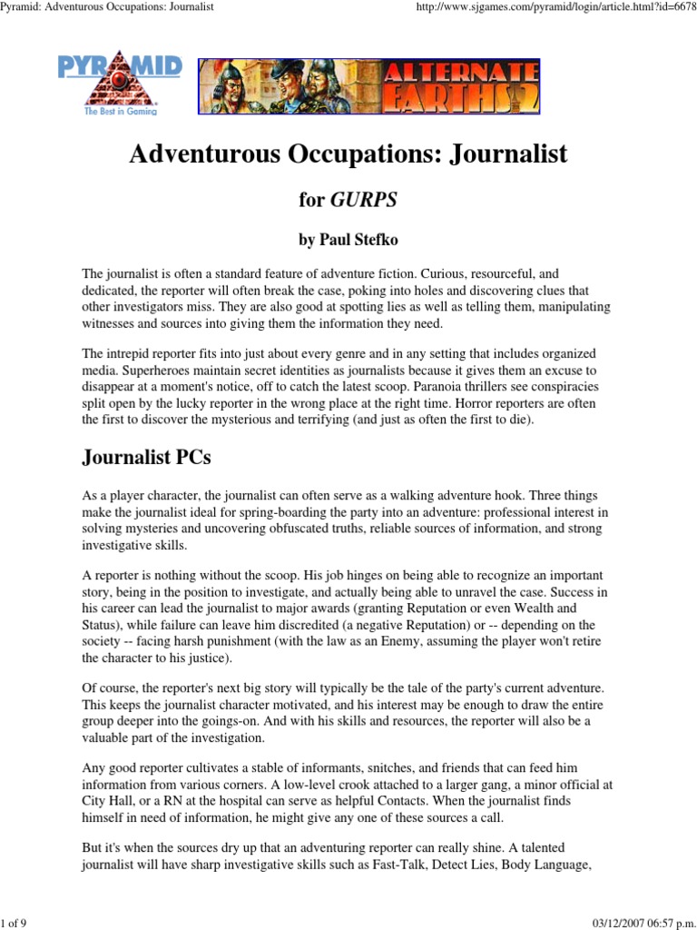 Pyramid - Adventurous Occupations - Journalist (For Gurps 4e) | PDF | Blog