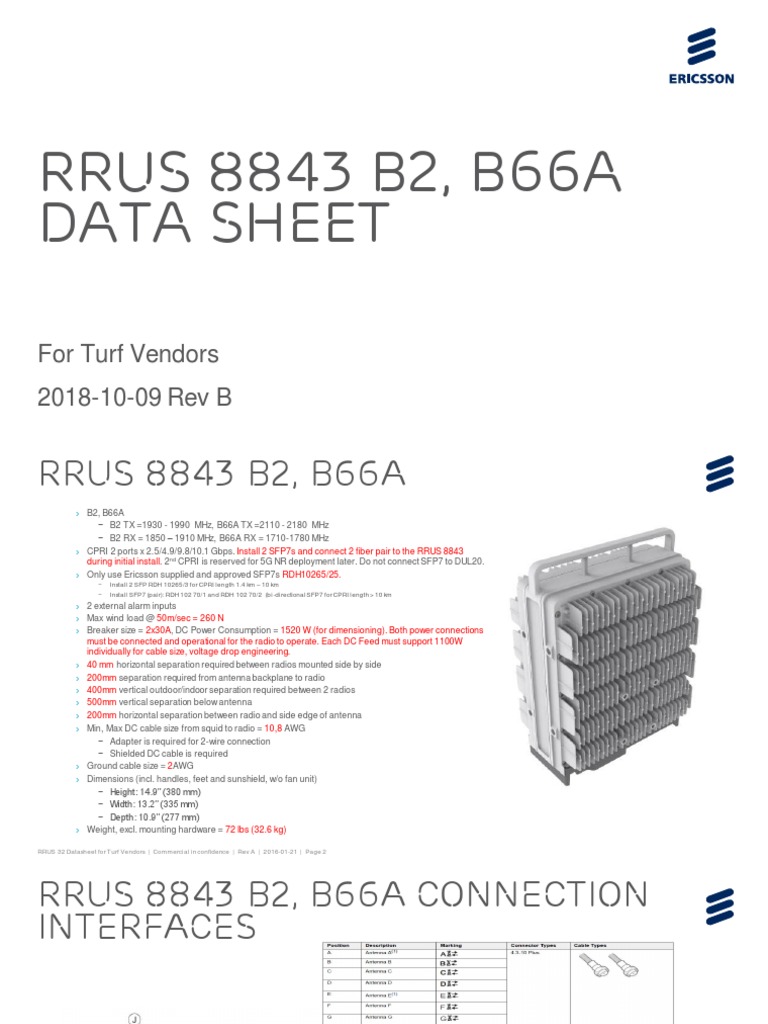 RRUS 8843 B2, B66A Data Sheet: For Turf Vendors 2018-10-09 Rev B | PDF ...