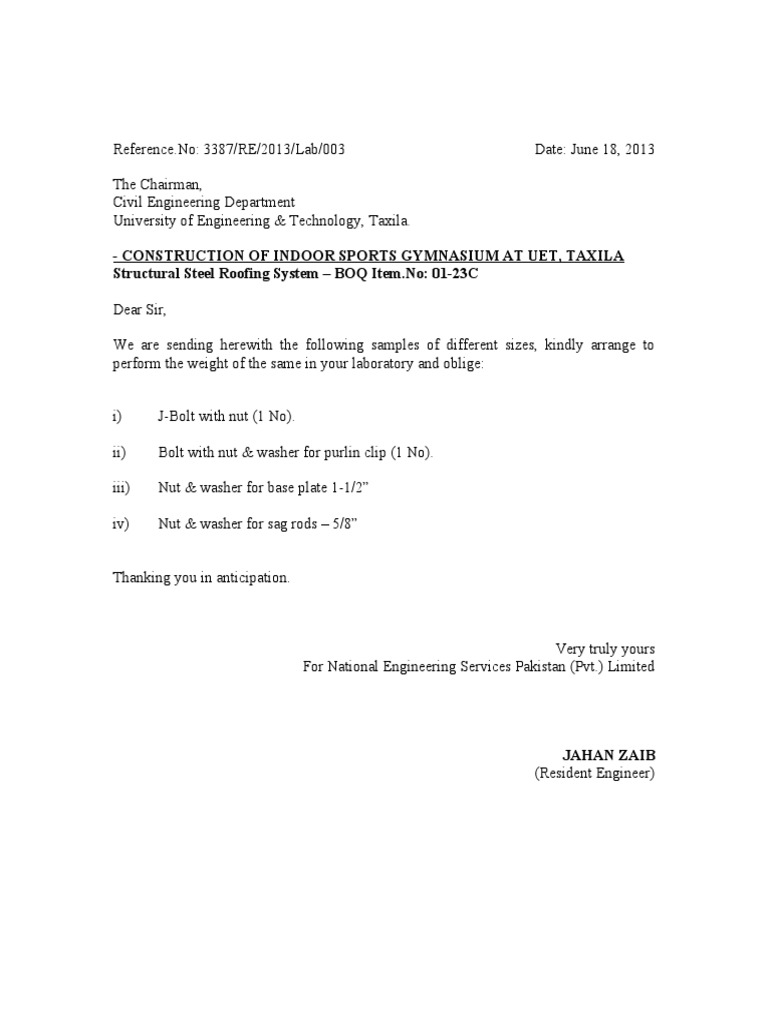 LAB TESTING LETTER Structural Steel | PDF
