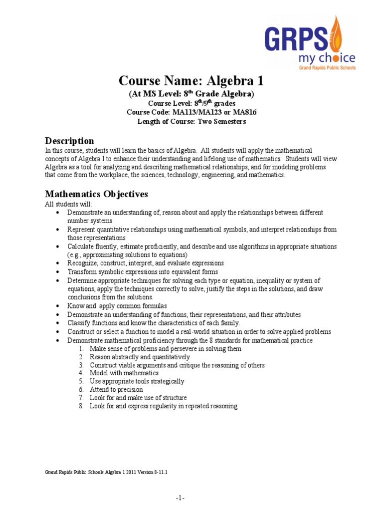 8th Grade Algebra 1 Course Overview | PDF | Equations | Function ...