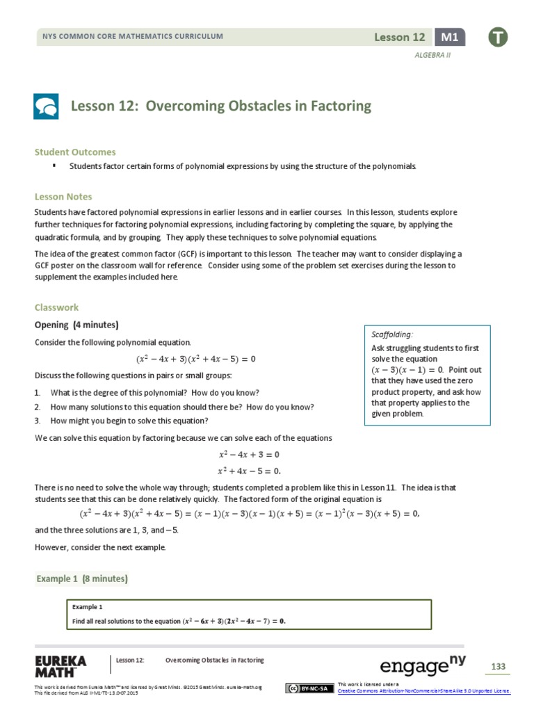 Lesson 12: Overcoming Obstacles in Factoring: Student Outcomes | PDF | Quadratic Equation ...