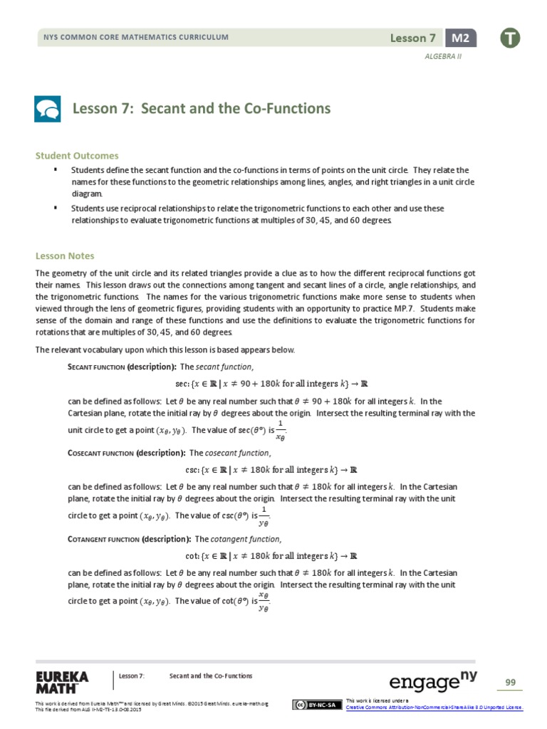 Lesson 7: Secant and The Co-Functions: Student Outcomes | PDF ...