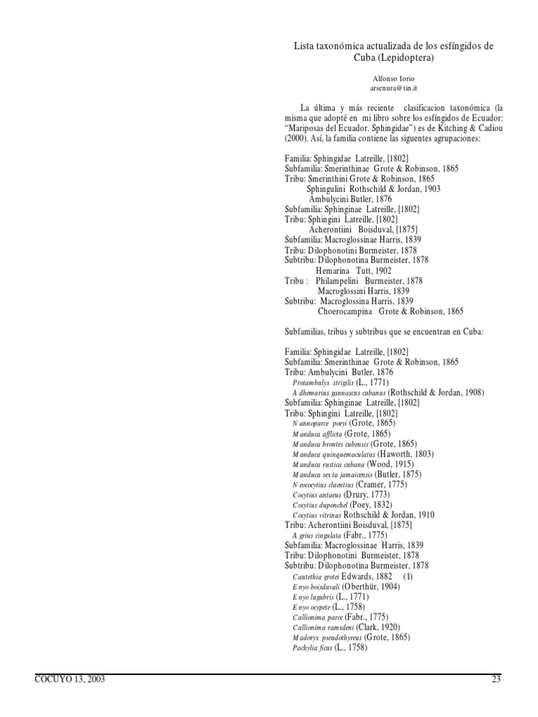 Lista Taxonómica Actualizada de Los Esfíngidos de Cuba (Lepidoptera ...