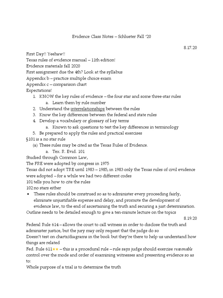 Evidence Class Notes | PDF | Witness | Evidence (Law)