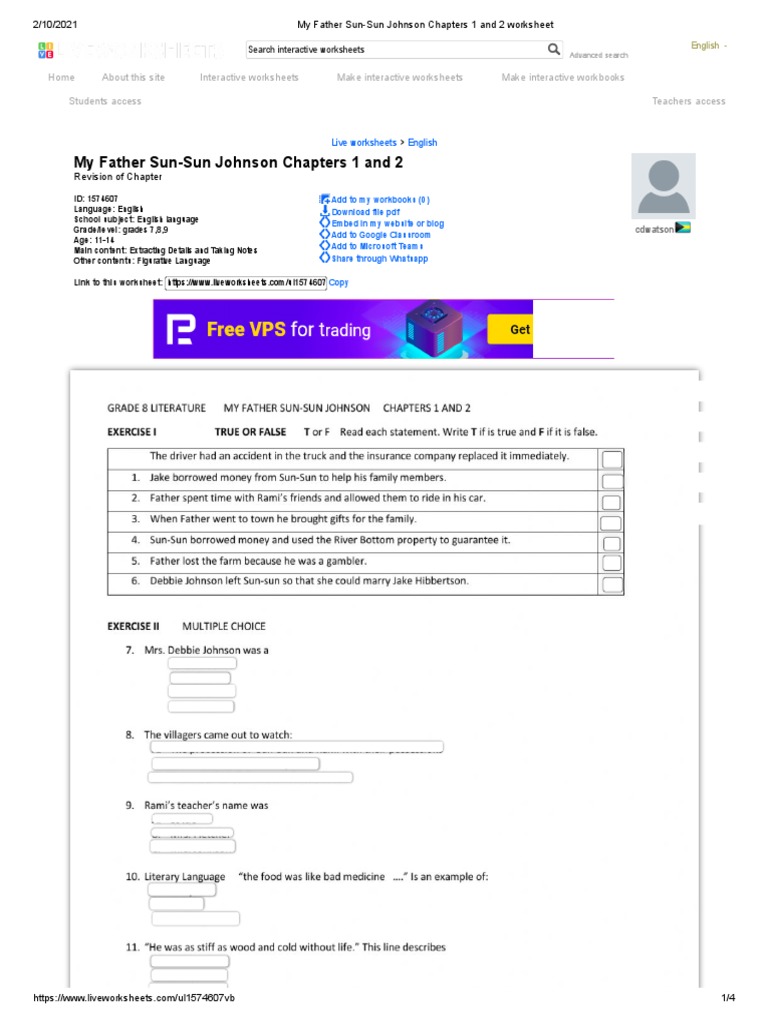 My Father Sun-Sun Johnson Chapters 1 and 2 Worksheet | PDF | Worksheet ...