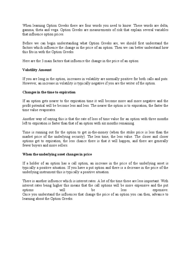 Option Greeks | PDF | Greeks (Finance) | Option (Finance)