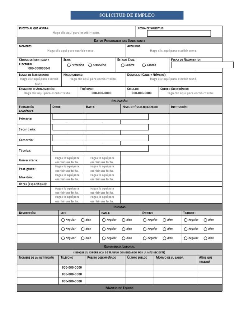 Formulario de Solicitud de Empleo en Recursos Humanos | PDF ...