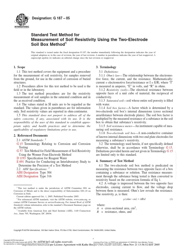 ASTM G187-05 (Soil Resistivity, Soil Box Method) | PDF | Coefficient Of ...