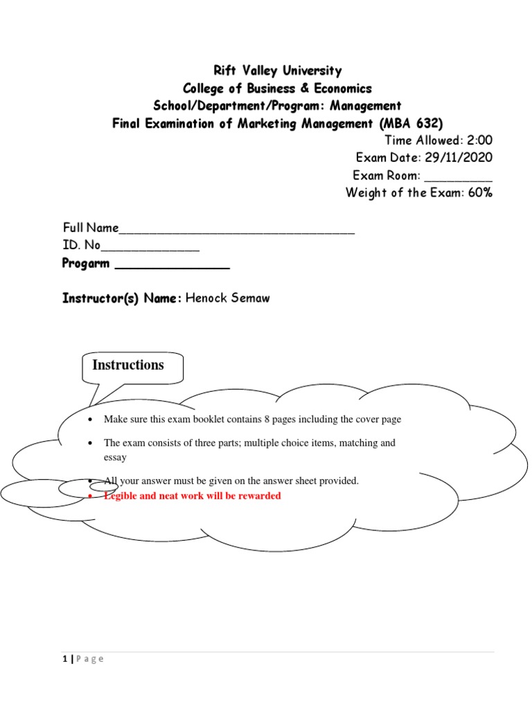 Marketing Mnanagement Final Exam Answer Sheet | PDF | Marketing ...