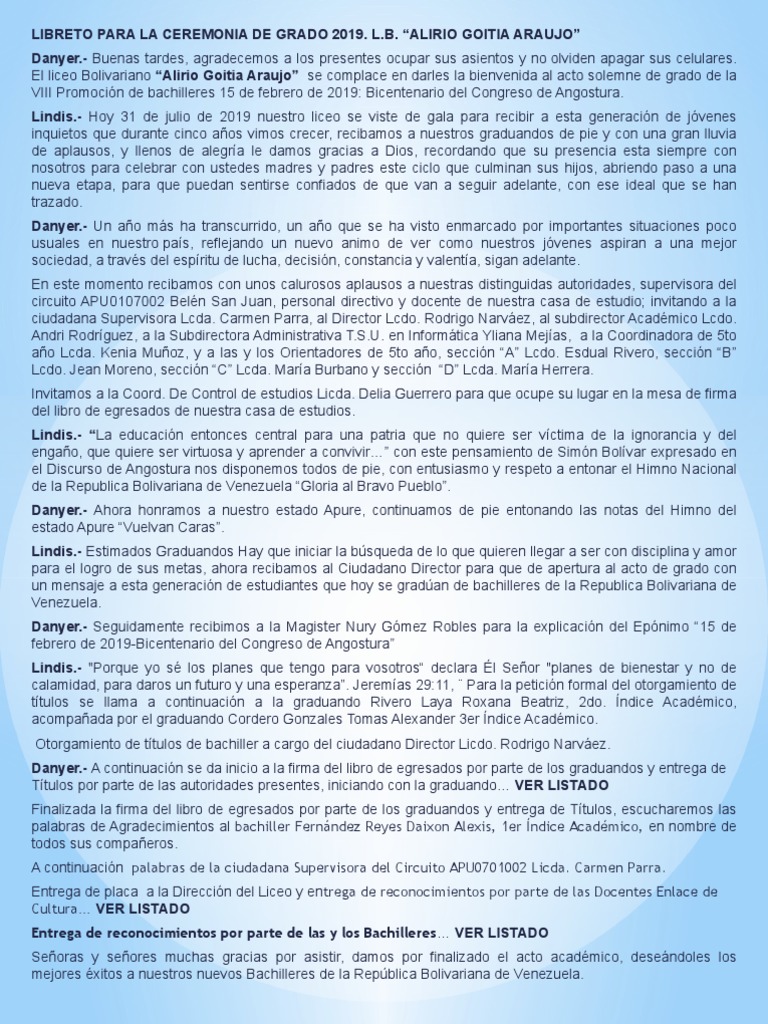 Libreto para La Ceremonia de Grado 2019. L.B. "Alirio Goitia Araujo" | PDF