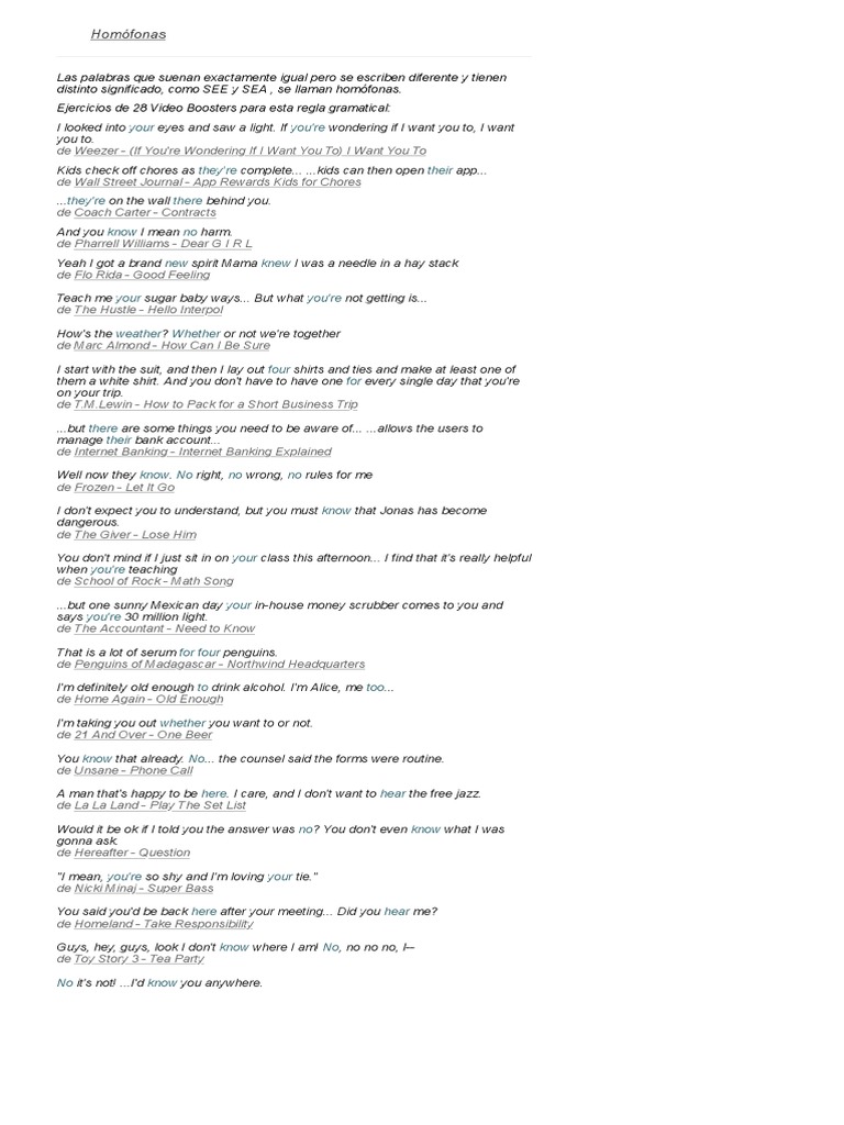 Homophones in Context: Examples of Homophone Usage in Lyrics, Films ...