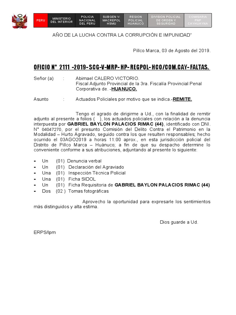 Oficio Remite Actuados Fiscalia | PDF | Perú | Policía