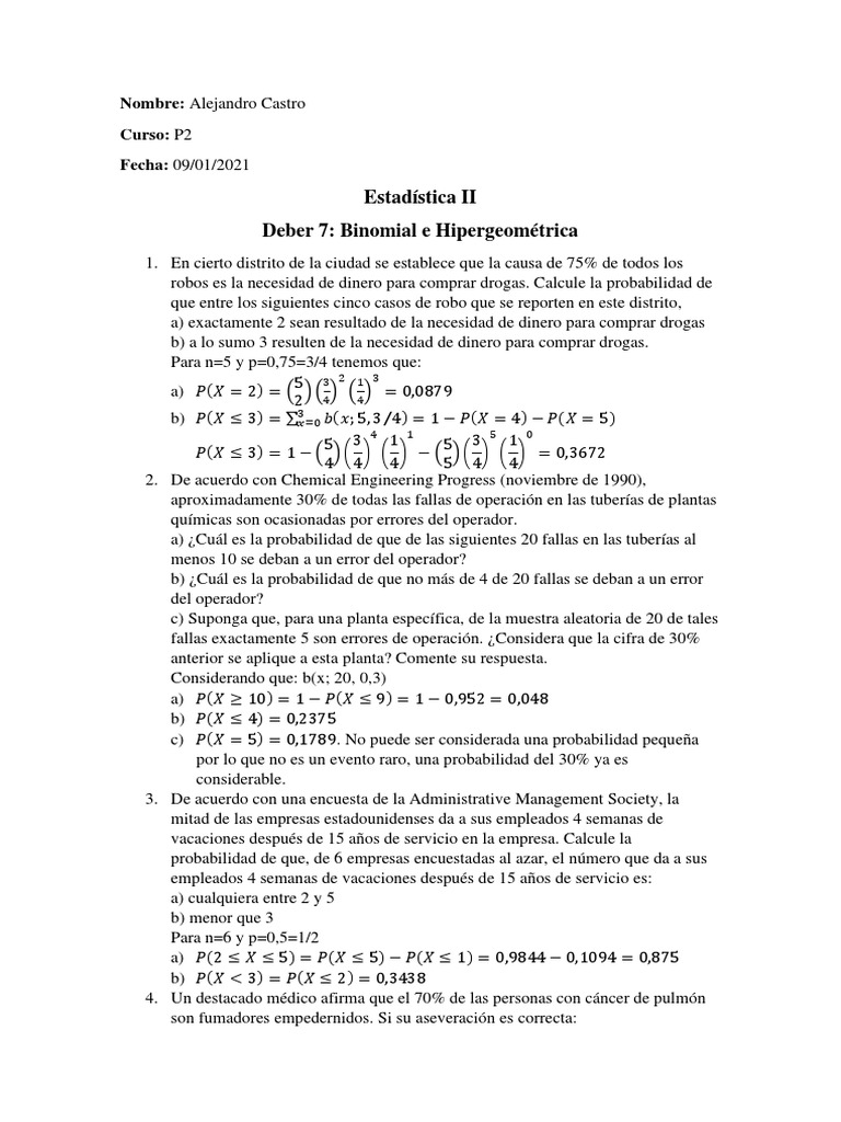 Deber 7 Distribución Binomial e Hipergeométrica | PDF | Probabilidad | Enseñanza de matemática