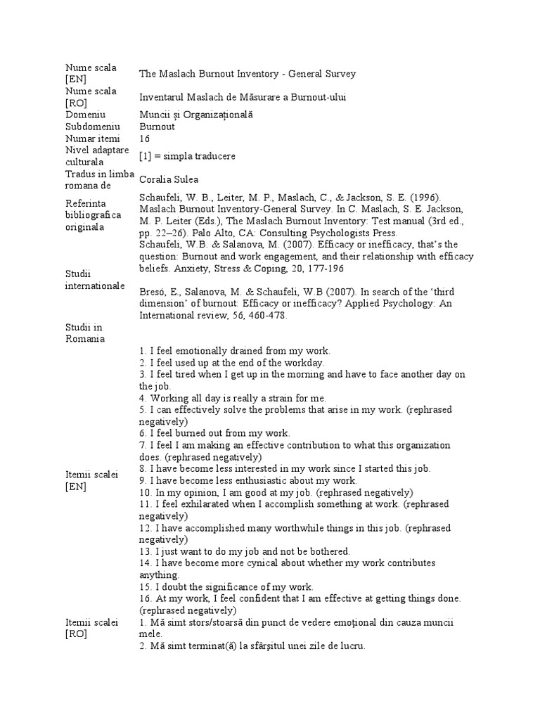 The Maslach Burnout Inventory | PDF | Occupational Burnout | Clinical ...