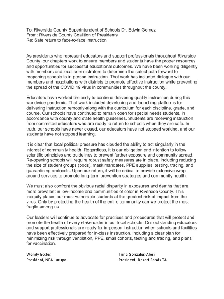 Riverside County Teachers Union Letter To The Riverside County Office ...