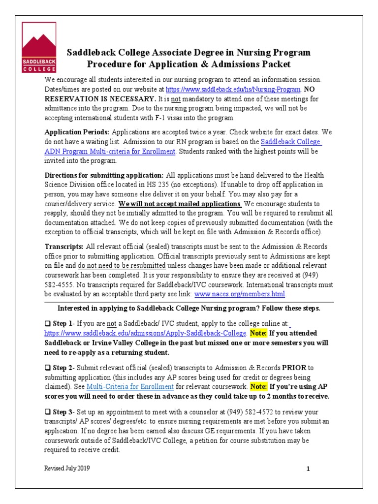 Saddleback College Associate Degree in Nursing Program Procedure For Application & Admissions ...