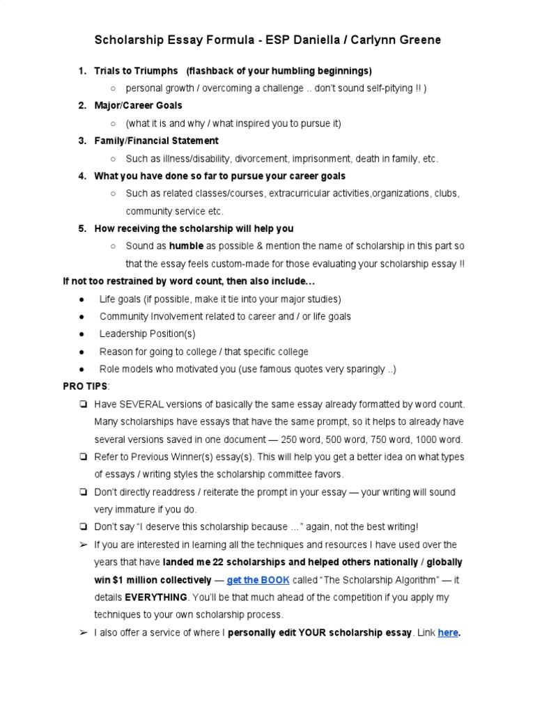 Scholarship Essay Formula - ESP Daniella - Carlynn Greene | PDF