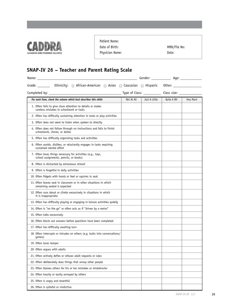 SNAP-Iv 26 - Teacher and Parent Rating Scale: Patient Name: Date of ...