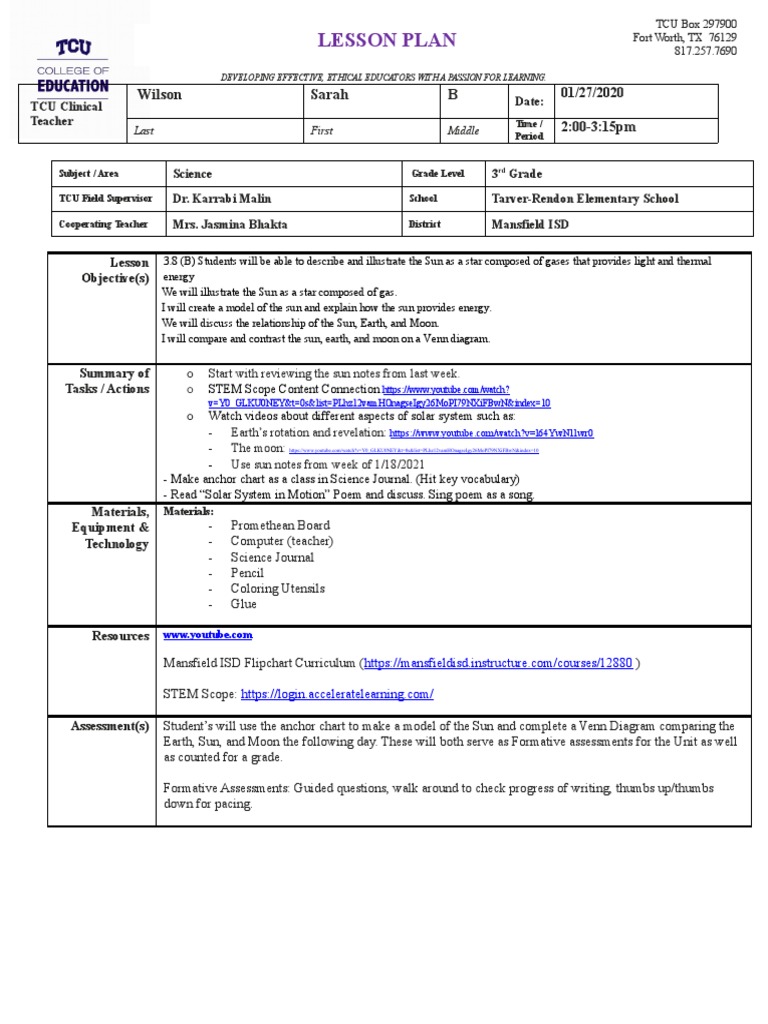 Lesson Plan: Wilson Sarah B | PDF | Sun | Science, Technology ...
