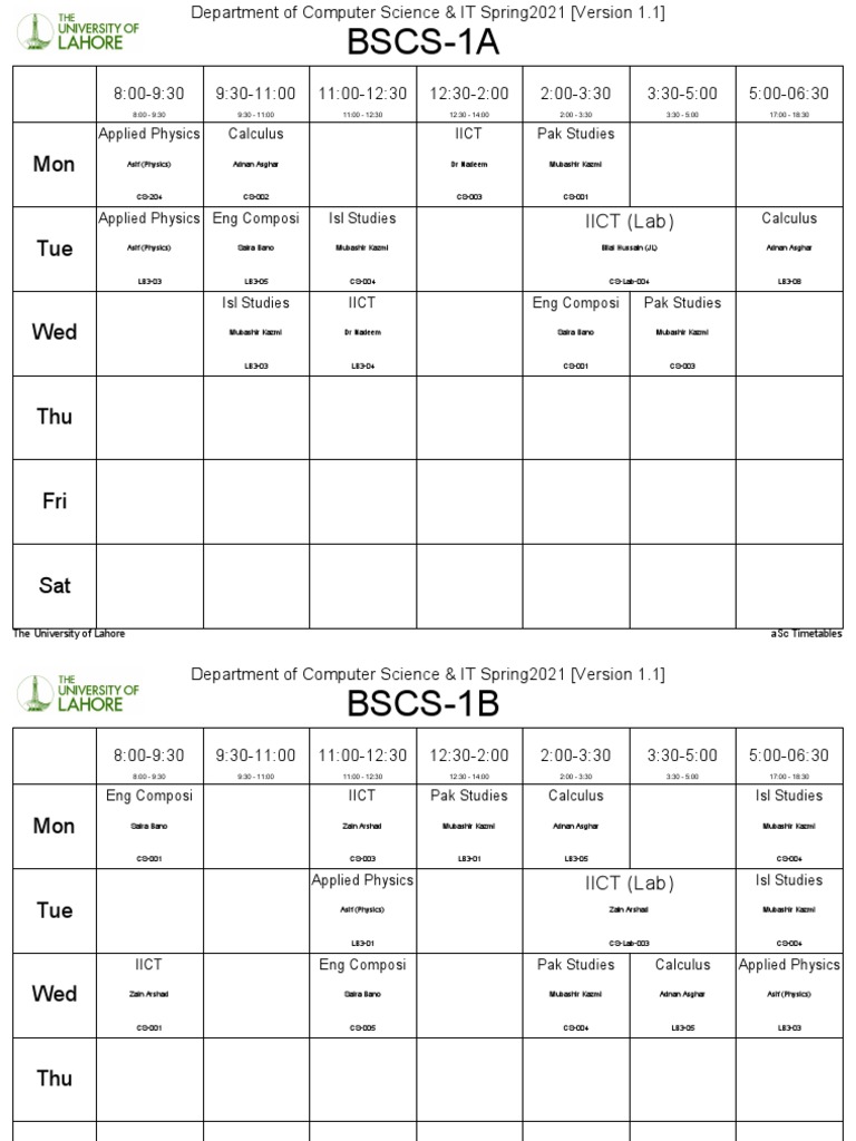 W2021-BSCS Timetable V1.1 | PDF | Mathematical Analysis | Teaching ...